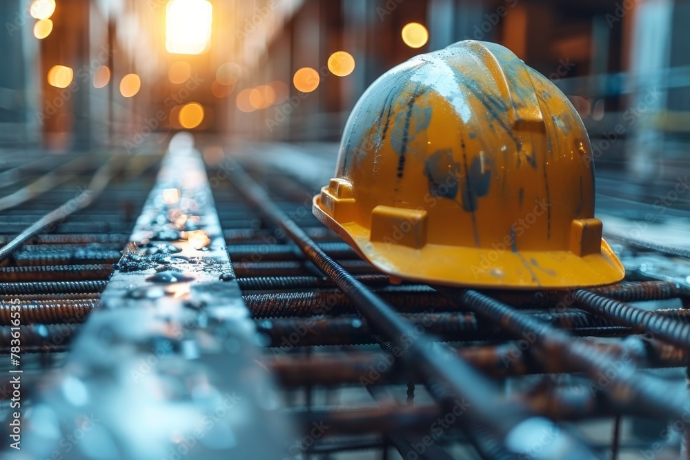 Detailed image showcasing a used yellow construction helmet on steel ...