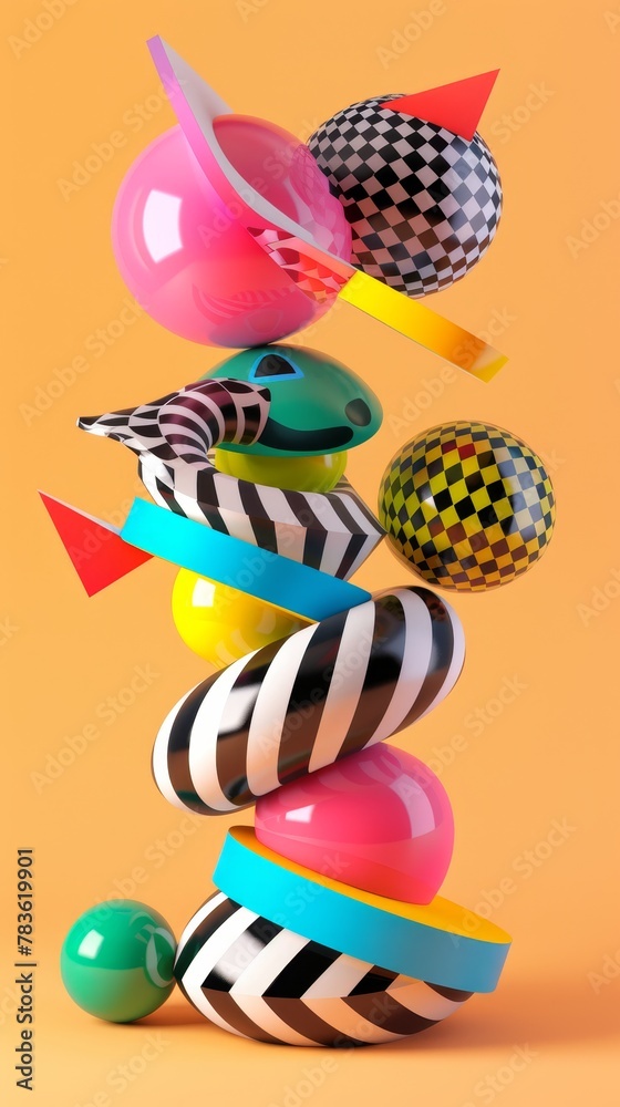 Playful and vibrant flying objects in a Memphis-inspired color palette ...