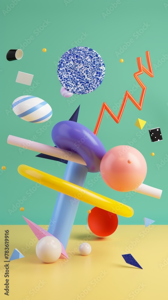 Playful and vibrant flying objects in a Memphis-inspired color palette ...