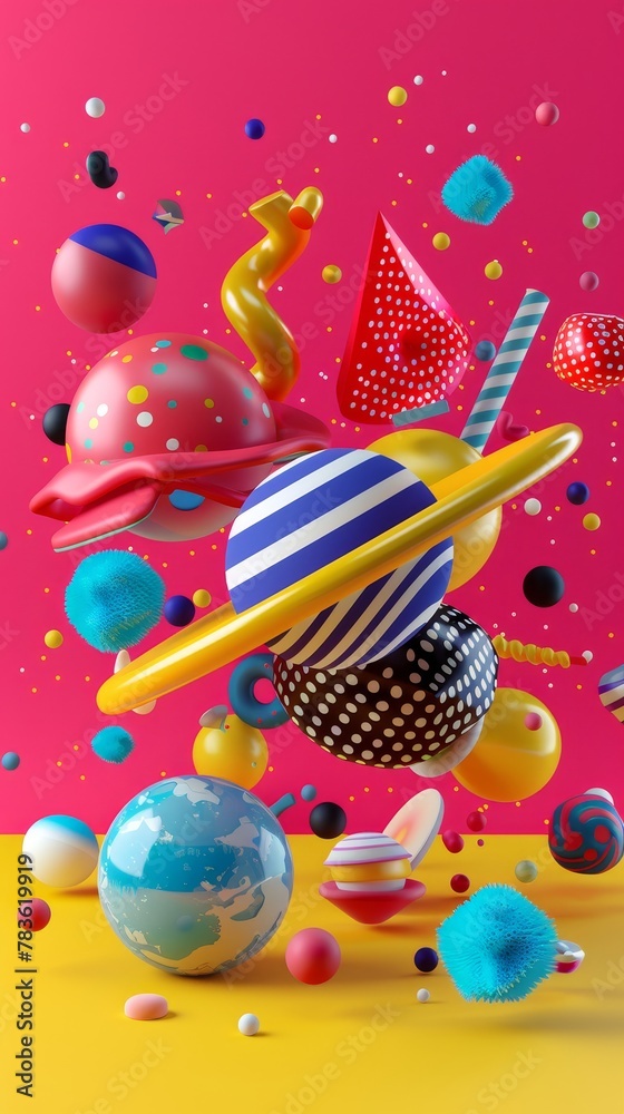 Playful and vibrant flying objects in a Memphis-inspired color palette ...