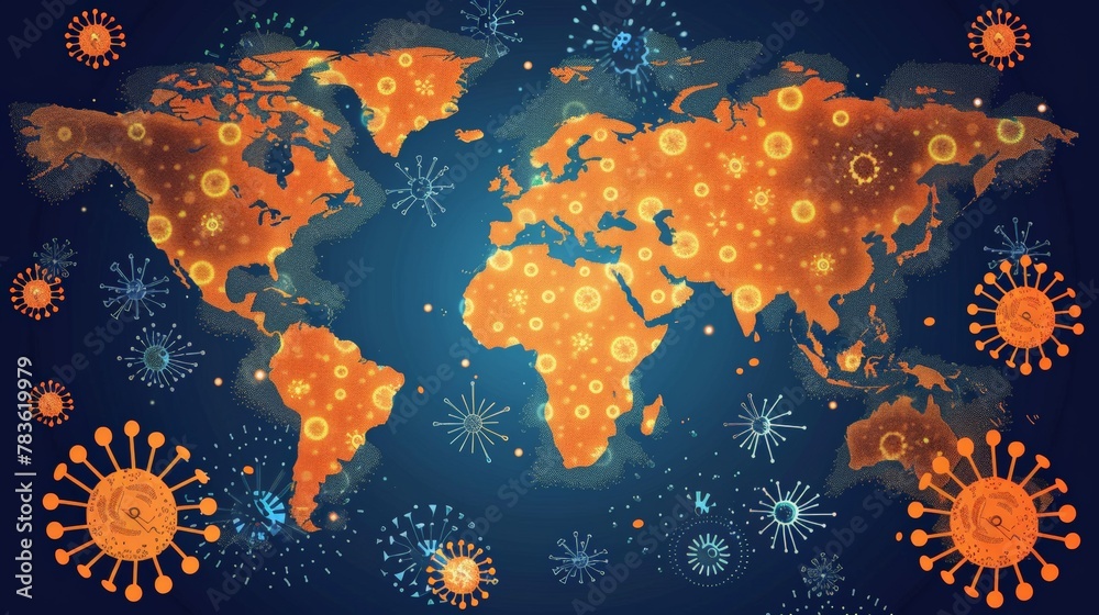 A map of the world showing the spread of a virus. The map shows how the ...