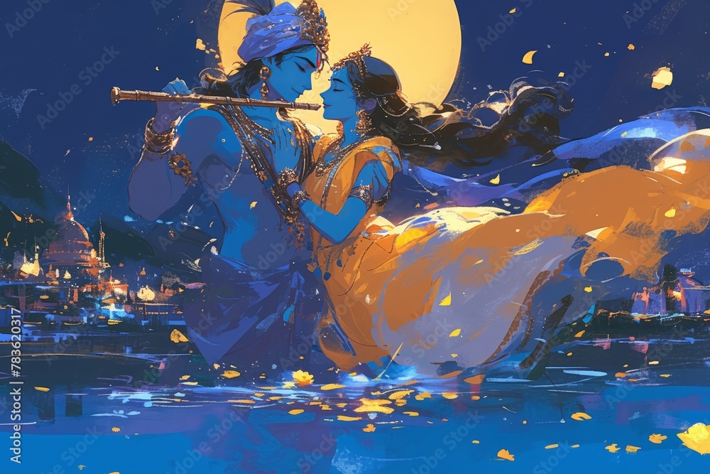 A beautiful illustration of Lord Krishna and Goddess Radha floating in ...