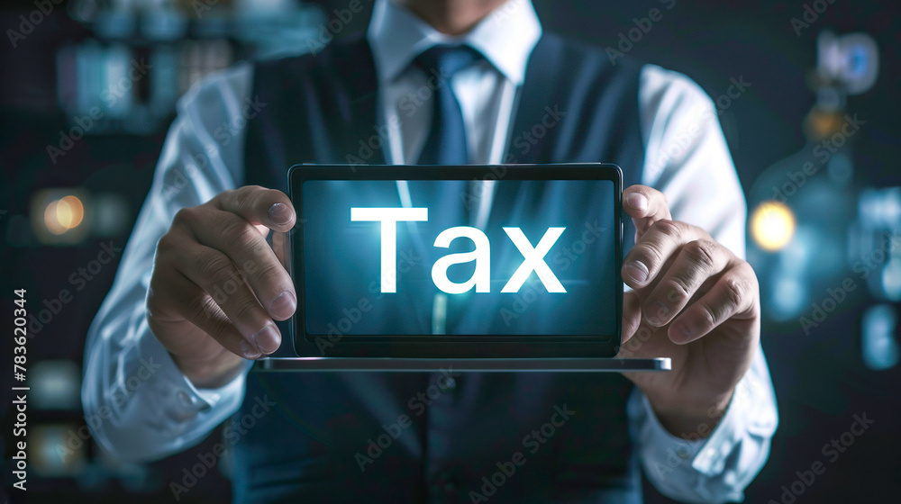 Accountant or agent holding transparent sign with digital word tax ...