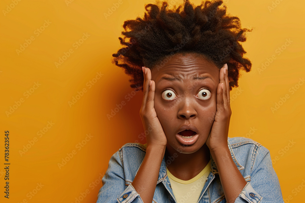 Shocked woman with wide eyes holding face in hands on yellow background ...