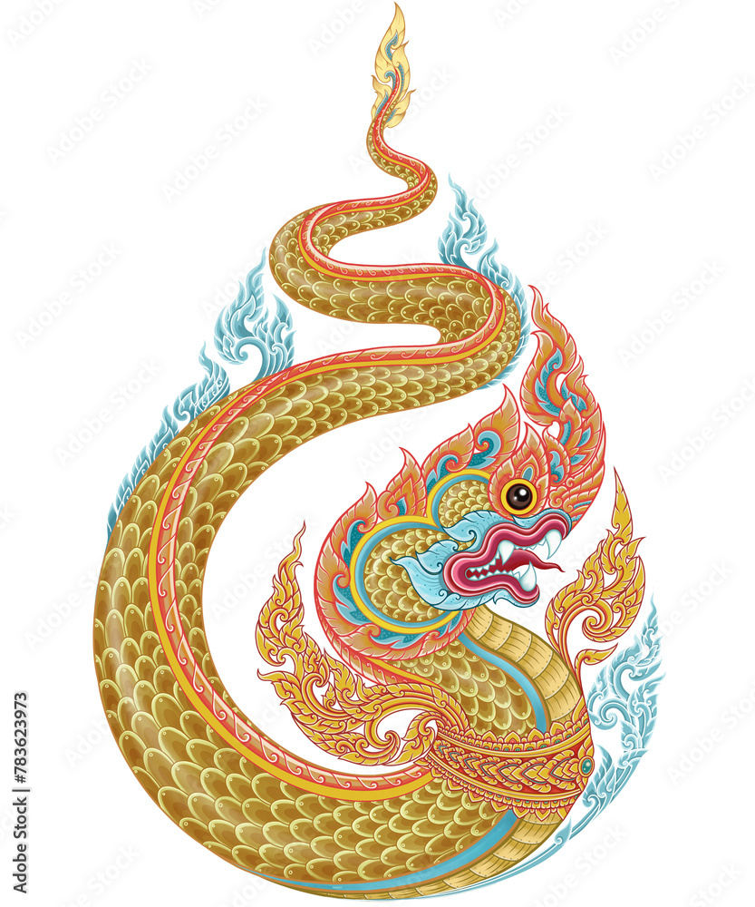 Hand-drawn depiction of a slithering Naga in the manner of Thai art ...