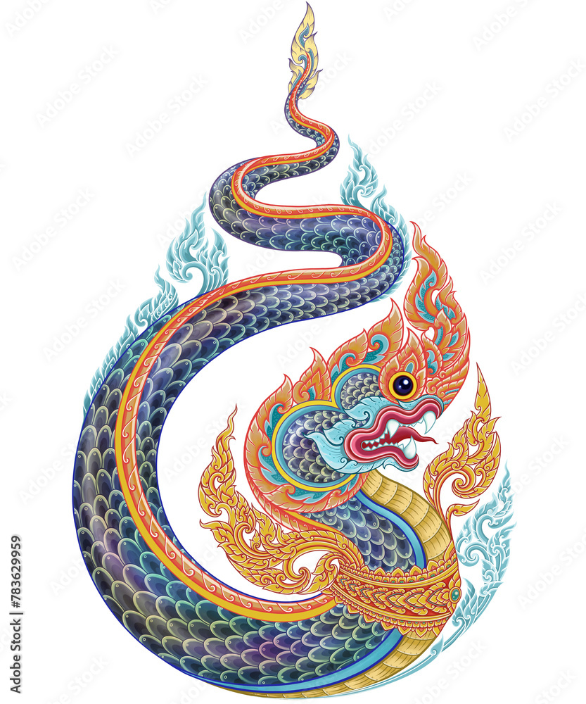 Hand-drawn depiction of a slithering Naga in the manner of Thai art ...
