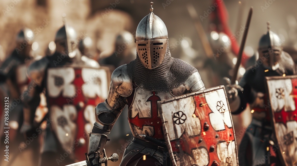AI generated illustration of medieval knights in red cross armor with ...