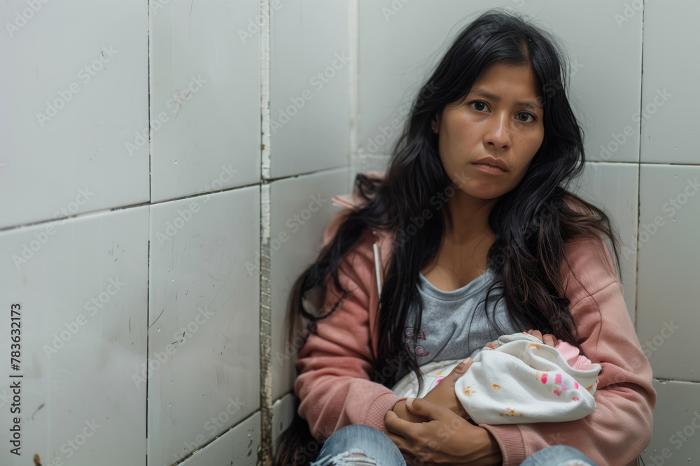 Vulnerable poor needy Colombian homeless woman unhappy and sad with her ...