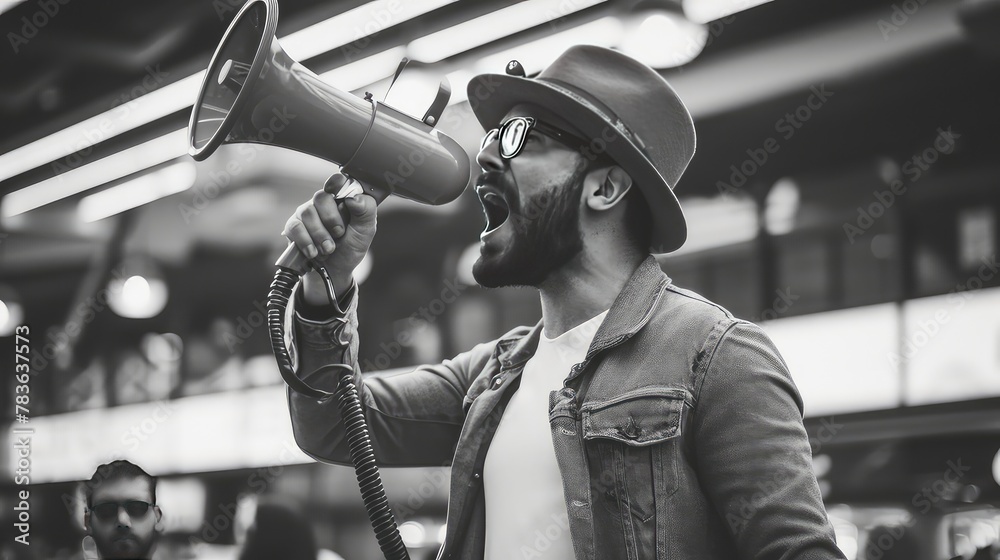 Male activist protesting with megaphone during a strike with group of ...