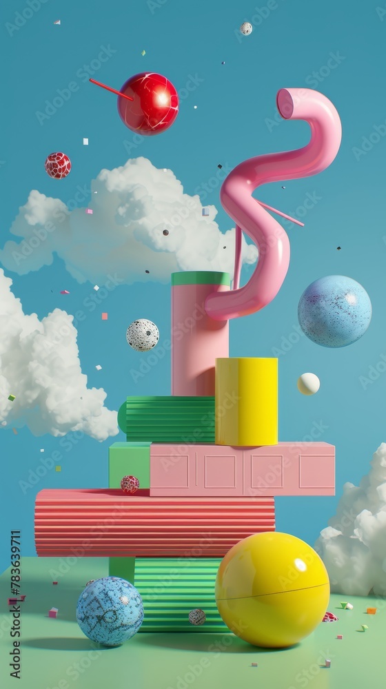 Surreal 3d renderings inspired by Memphis design 3d style isolated flying objects memphis style ...