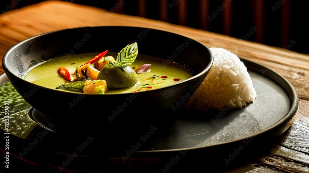 A modern plating of Green Curry, with a perfect quenelle of rice beside ...