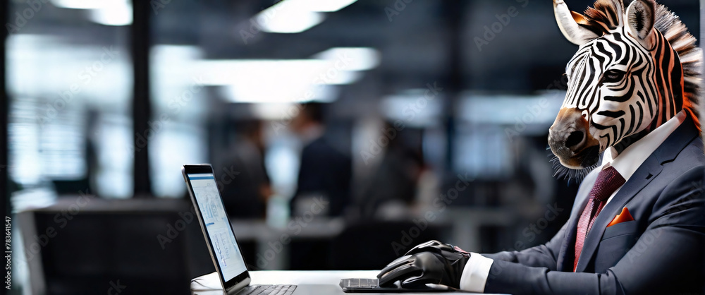 Business Zebra wearing suits in an office, seated in front of a ...