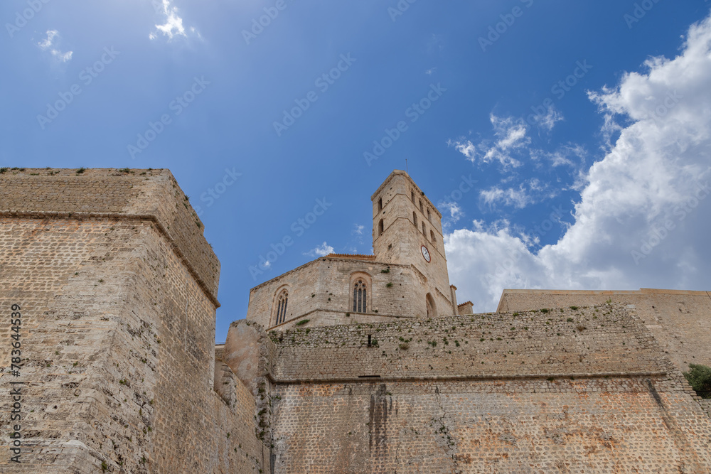 An upward view of the Eivissa Almudaina Castle in Ibiza, showcasing its ...
