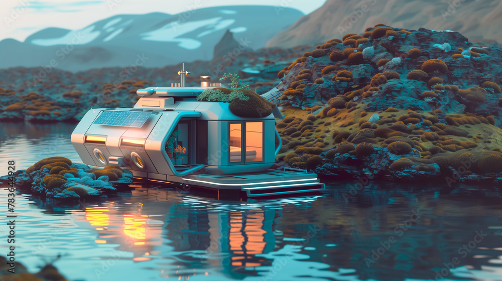 Tiny High Tech Eco House Boat on Calm Mountain Lake at Sunset ...