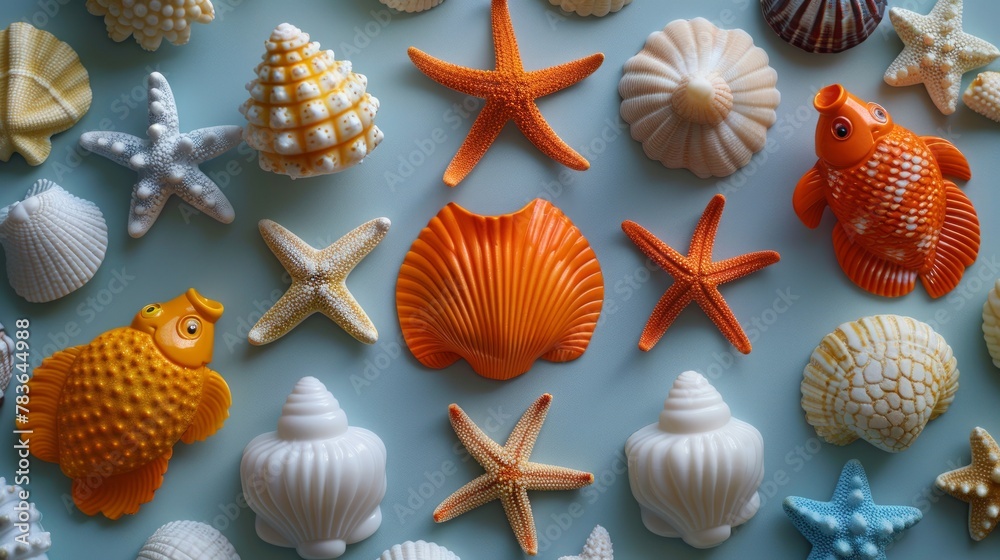 Vibrant array of toy marine creatures including starfish, sea shells ...