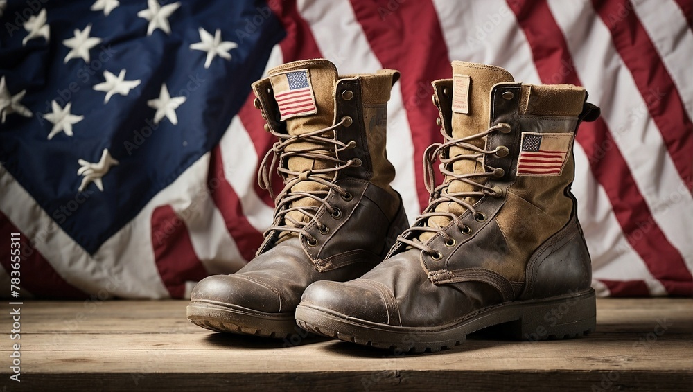 old combat boots in front of the American flag, for memorial Stock ...