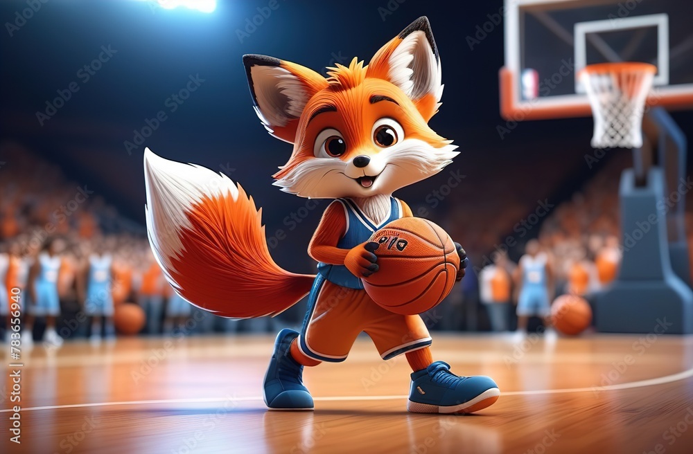 A cartoon fox with a fluffy tail is playing basketball at the stadium ...