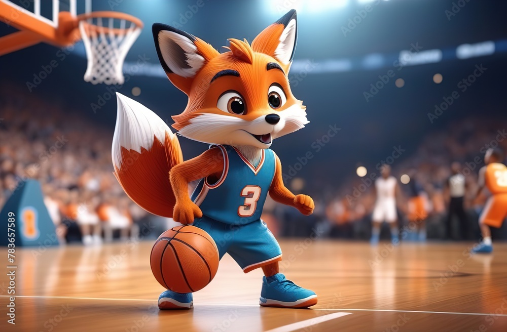 A cartoon fox with a fluffy tail is playing basketball at the stadium ...