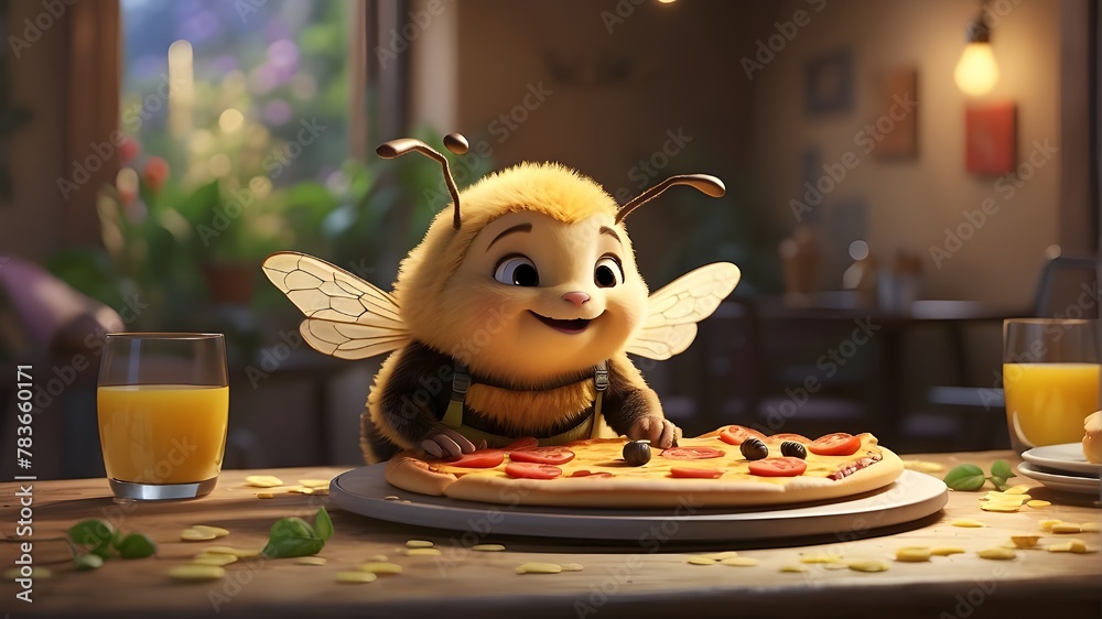 {A happy baby bee, portrayed in a realistic oil painting style, sits ...