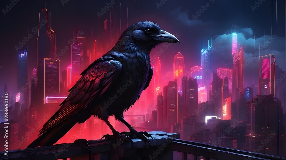 {An artistic depiction of a vivid red crow, stylized in a cyberpunk ...