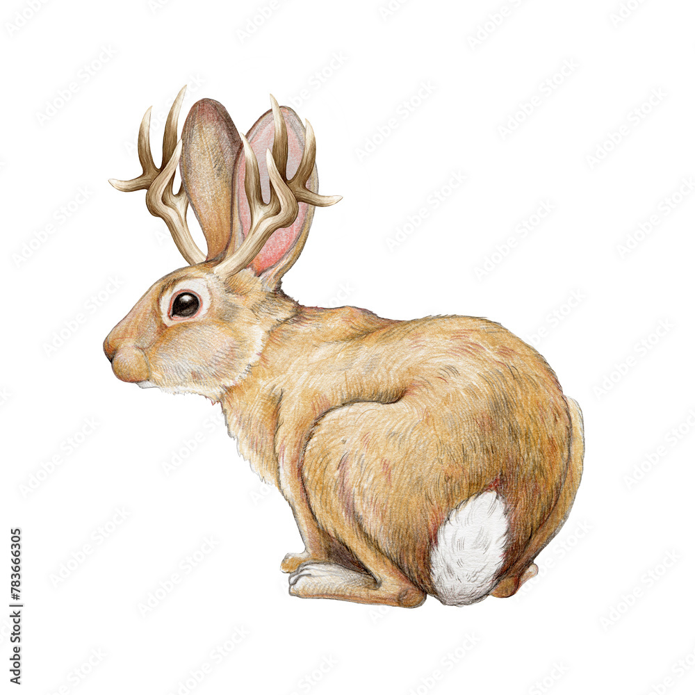 Jackalope myth rabbit creature watercolor illustration. Hand drawn wild ...