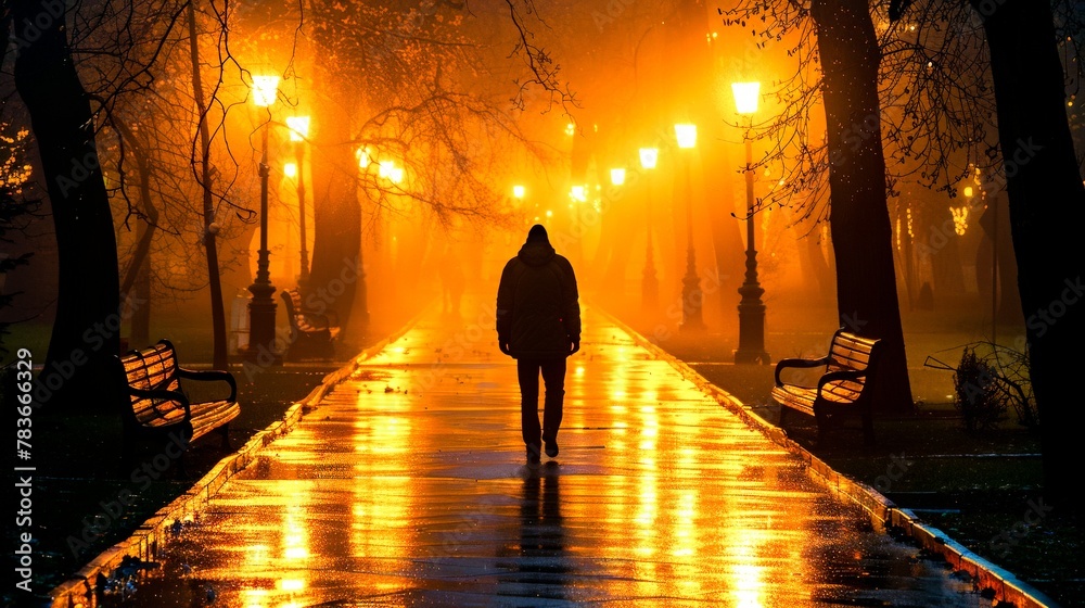 A solitary figure walking through a misty park at dusk, the path lit by ...