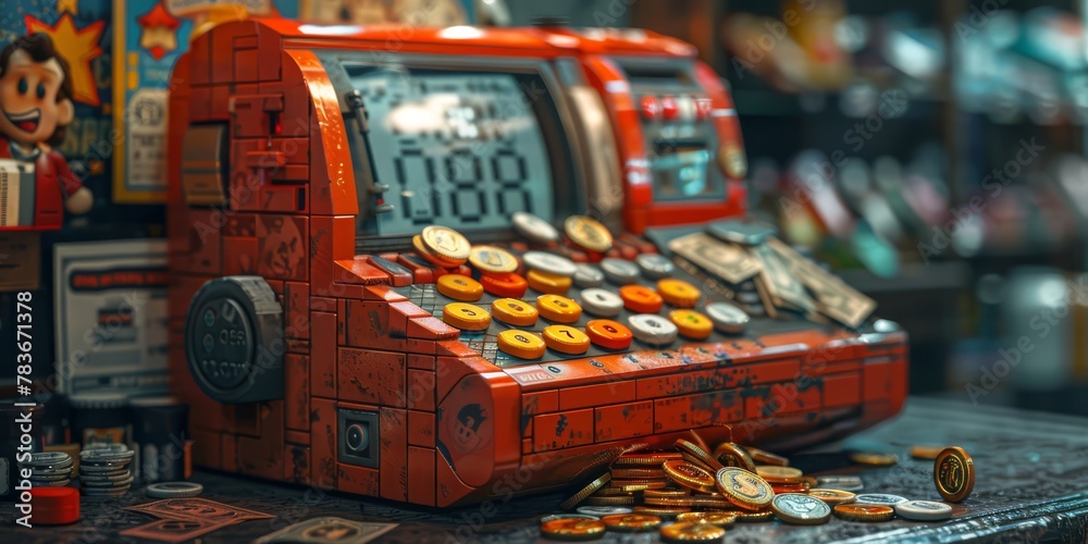 Antique cash register overflowing with vibrant, pixelated 8-bit coins ...