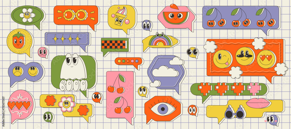 Set of talk bubble text, chat box, in retro y2k style with drawing ...