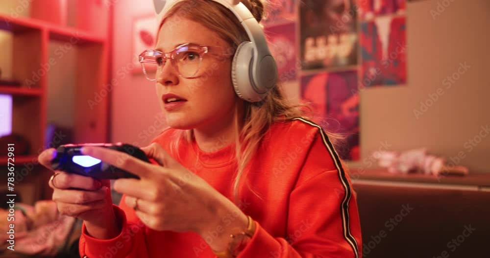 Woman, controller or gaming to focus, play or virtual challenge of ...