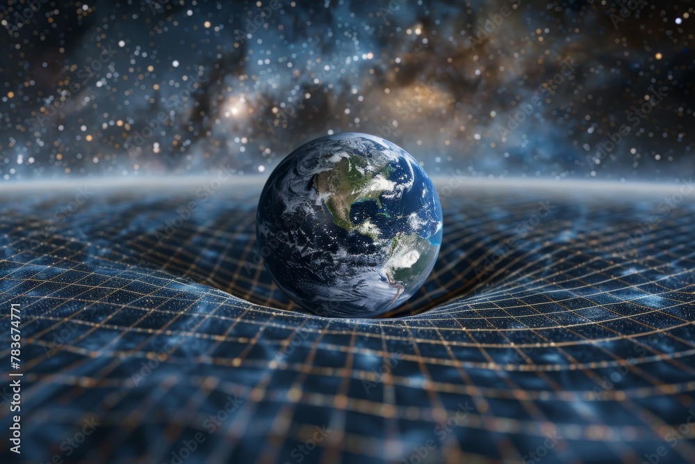 Representation of spacetime curvature, with the solar system's gravity force illustrating the ...