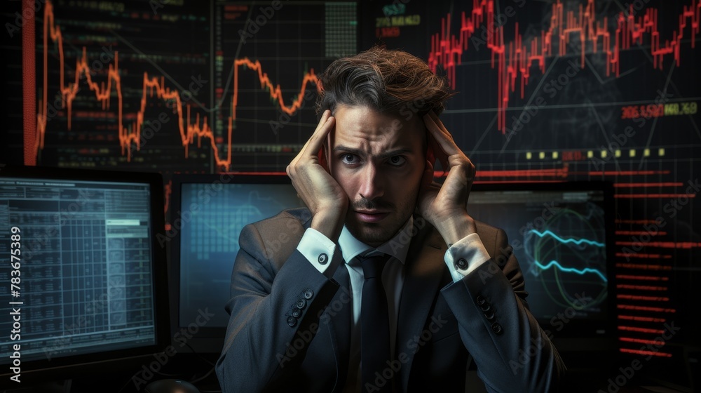 Trader under stress with screens displaying falling stock charts, a ...