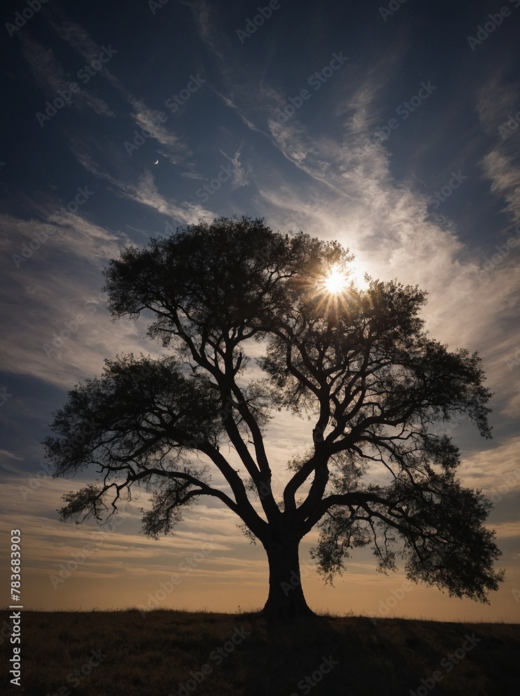 Majestic tree stands alone in field, its intricate branches reaching ...