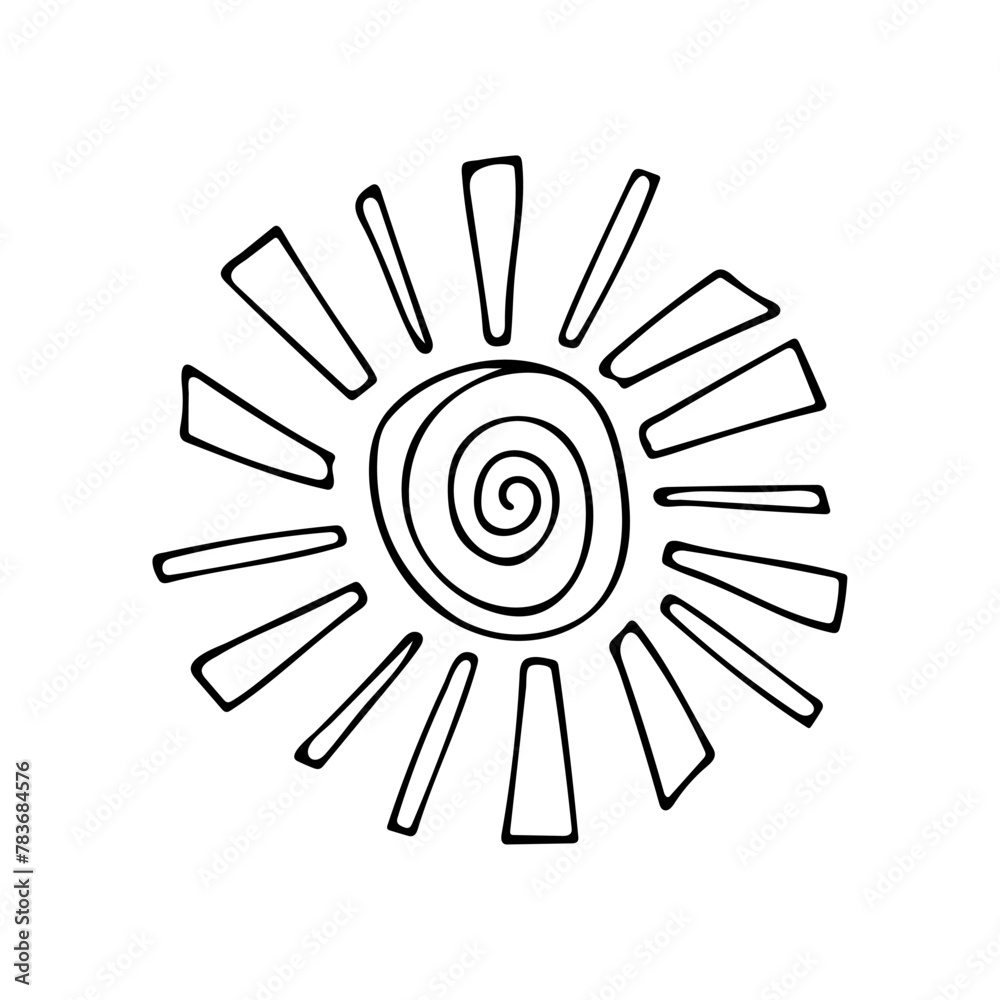 Cute decorative sun with large rays and spiral in center. Scandinavian ...