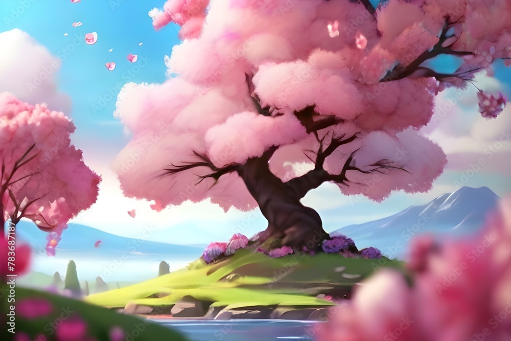 Beautiful fantasy spring nature landscape and cherry blossom tree ...