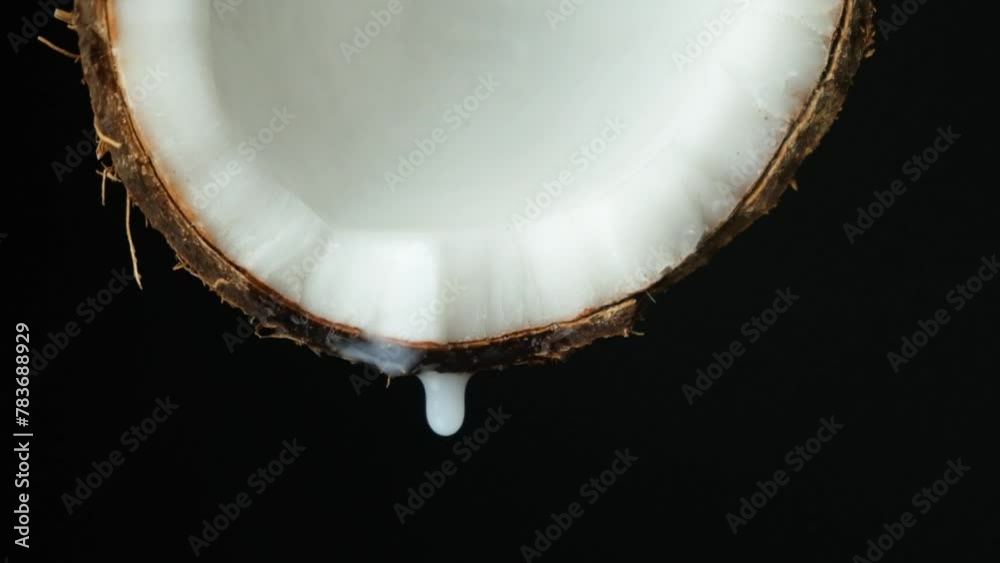 Coconut water juice dripping from half of a coconut on black background ...
