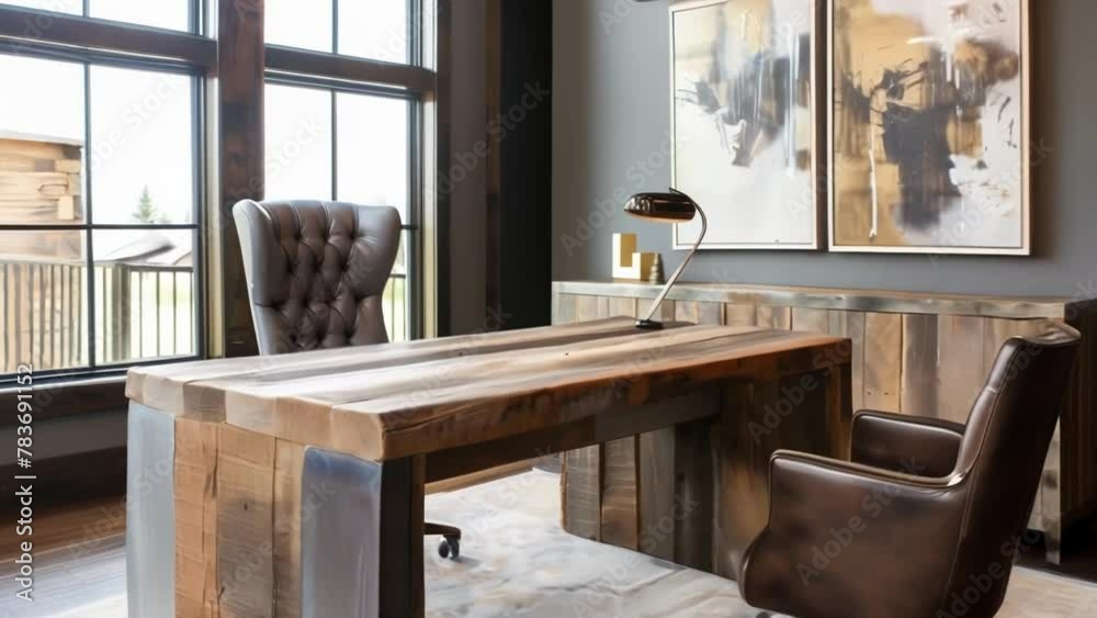 A contemporary office with a statement desk made from reclaimed wood ...