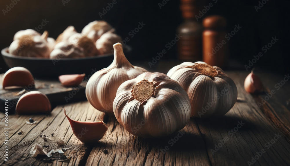 Close-up of whole garlic bulbs on a rustic wooden table, highlighting ...