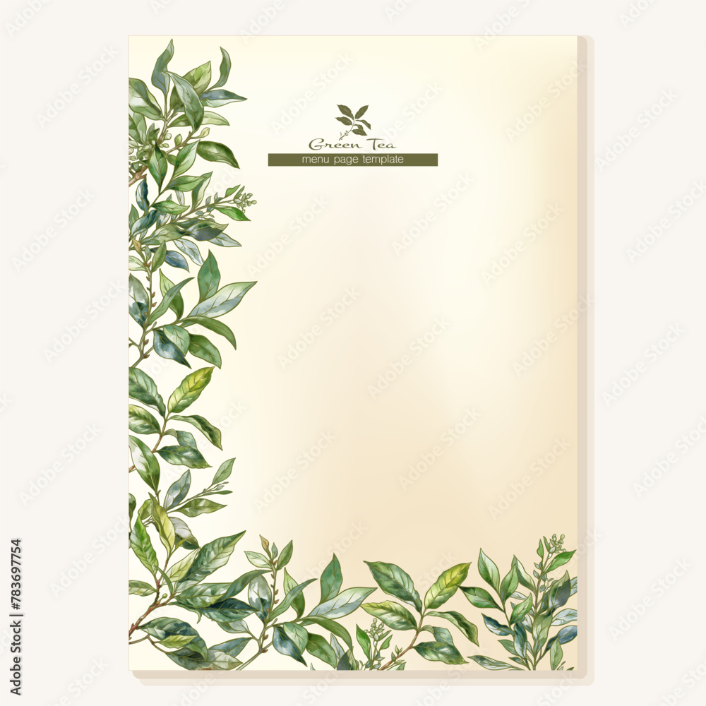 Green tea branch with leaves Border, frame, template for menu page ...