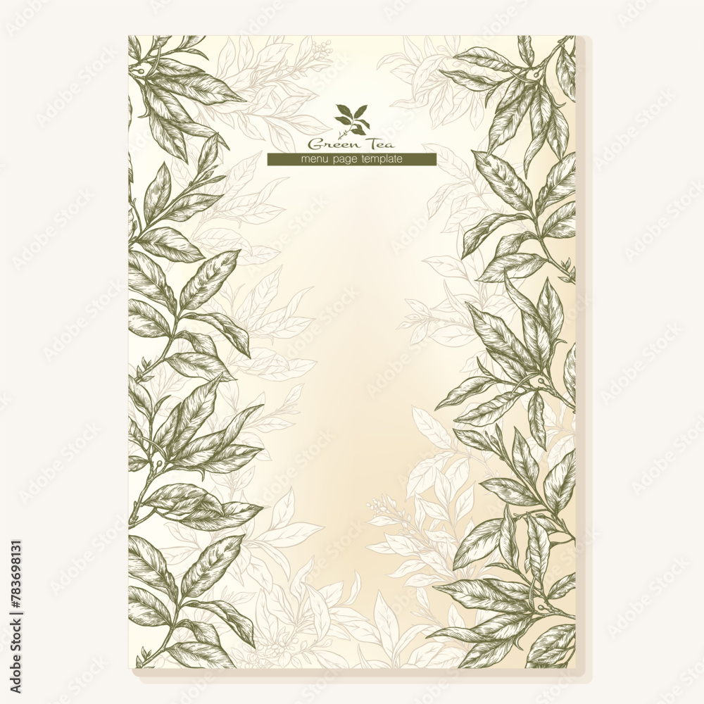 Green tea branch with leaves Border, frame, template for menu page ...