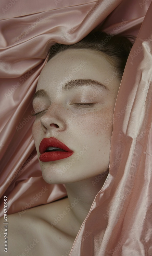 Seductive woman with red lips and eyes laying on pink satin sheet in ...
