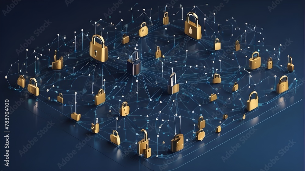 An isometric depiction of padlocks in a connected virtual network ...