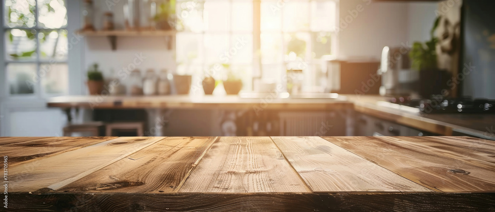Beautiful empty wooden dining table top with bokeh modern kitchen ...