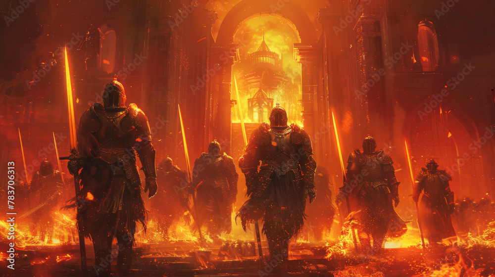 Illustration of armored warriors with flaming swords guarding a sacred ...