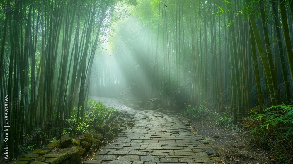 Mystical pathway through a misty bamboo forest with sunlight casting ...