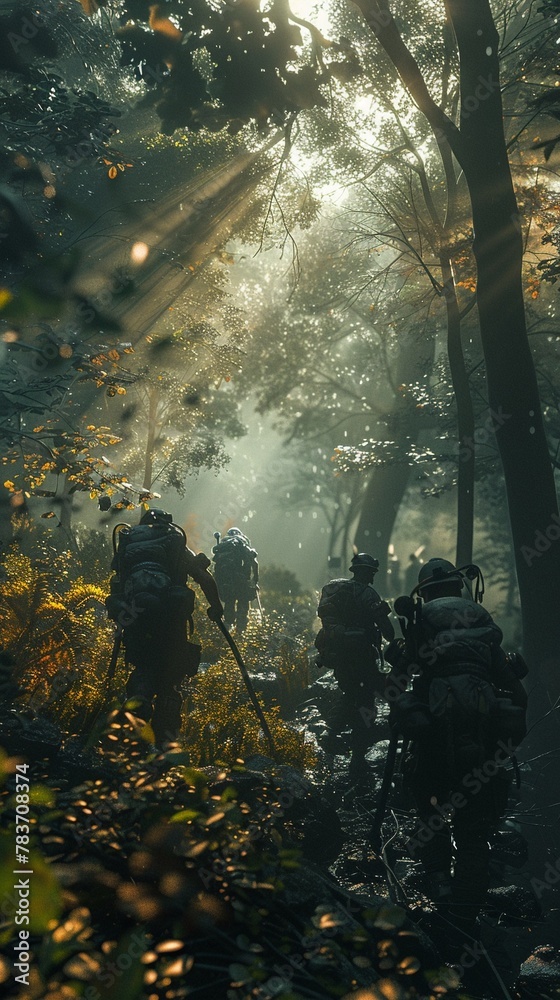 Rescue operations in nature, highlighted by the natural light filtering ...