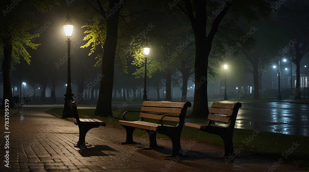 Image of a park path in the light of lanterns at night with park bench ...