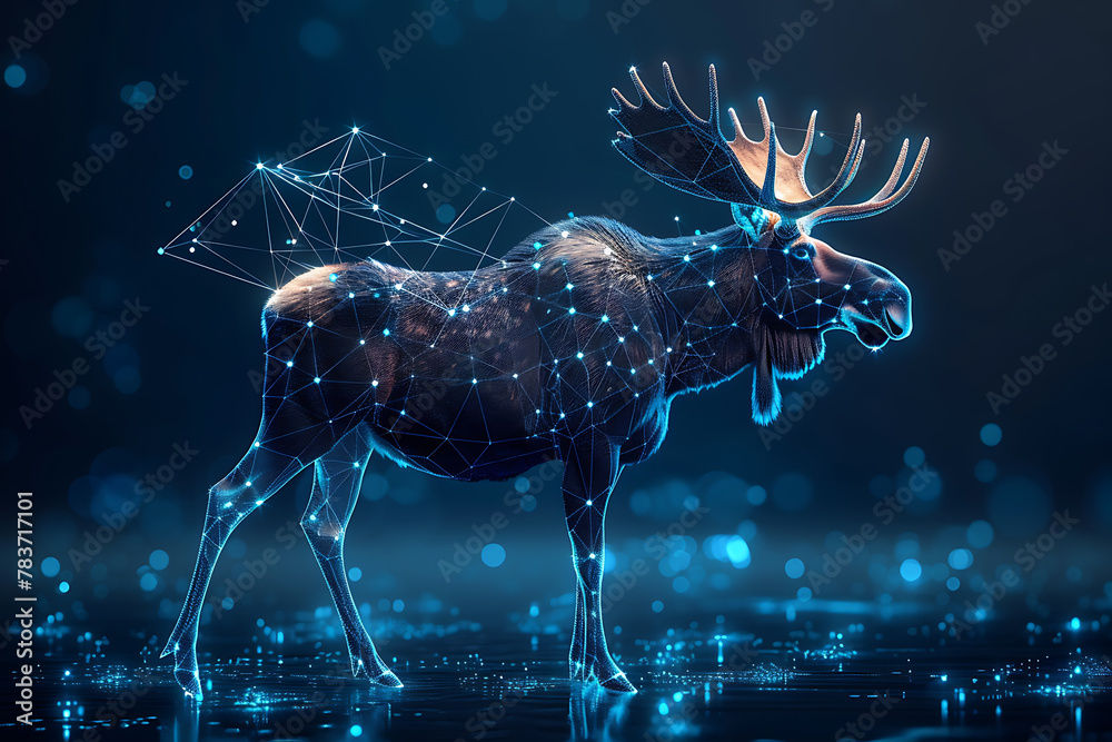 Intricate wireframe depiction of a moose on a dark blue background ...