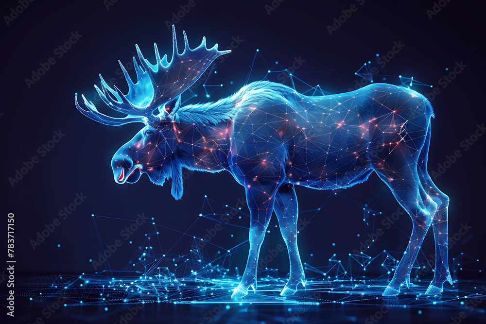 Intricate wireframe depiction of a moose on a dark blue background ...