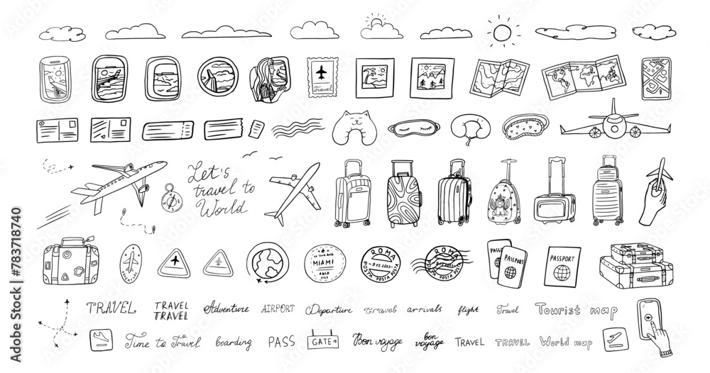 Big set of travel theme in doodle style. Suitcase, baggage, plane, fly ...