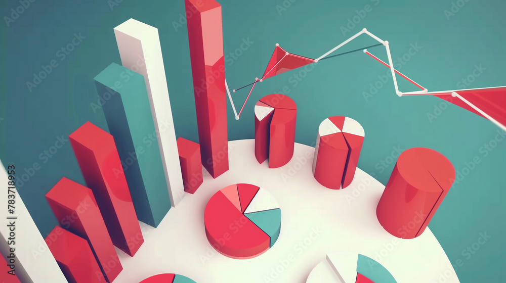 This image depicts a 3D illustration of a variety of graph charts ...